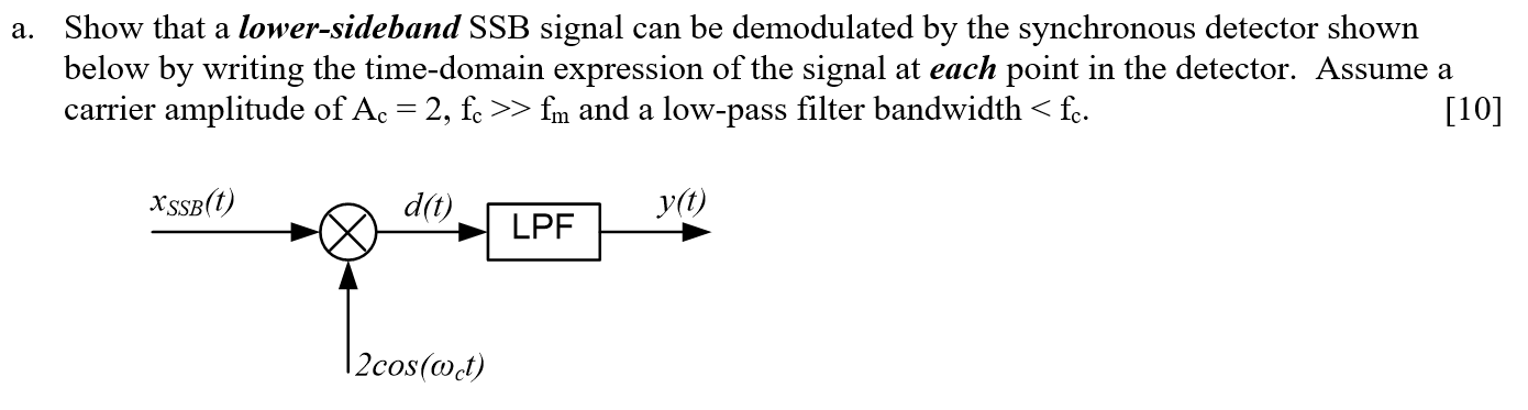 Solved a. Show that a lower-sideband SSB signal can be | Chegg.com