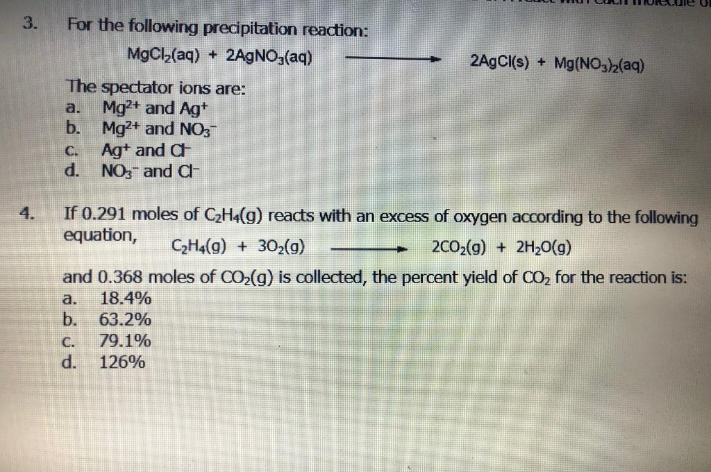 Solved 3. For the following precipitation reaction: | Chegg.com