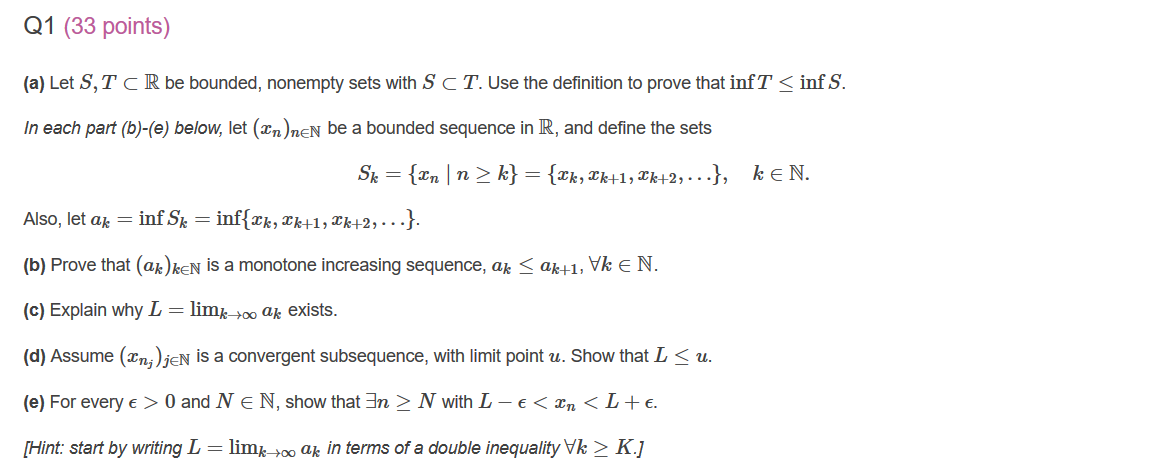 Solved Q1 (33 points) (a) Let S, CR be bounded, nonempty | Chegg.com