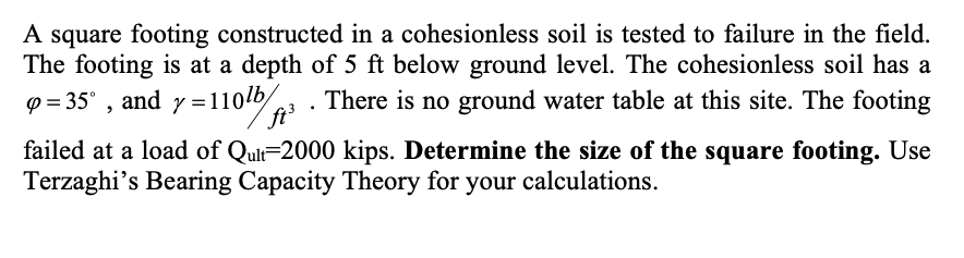 Solved A square footing constructed in a cohesionless soil | Chegg.com