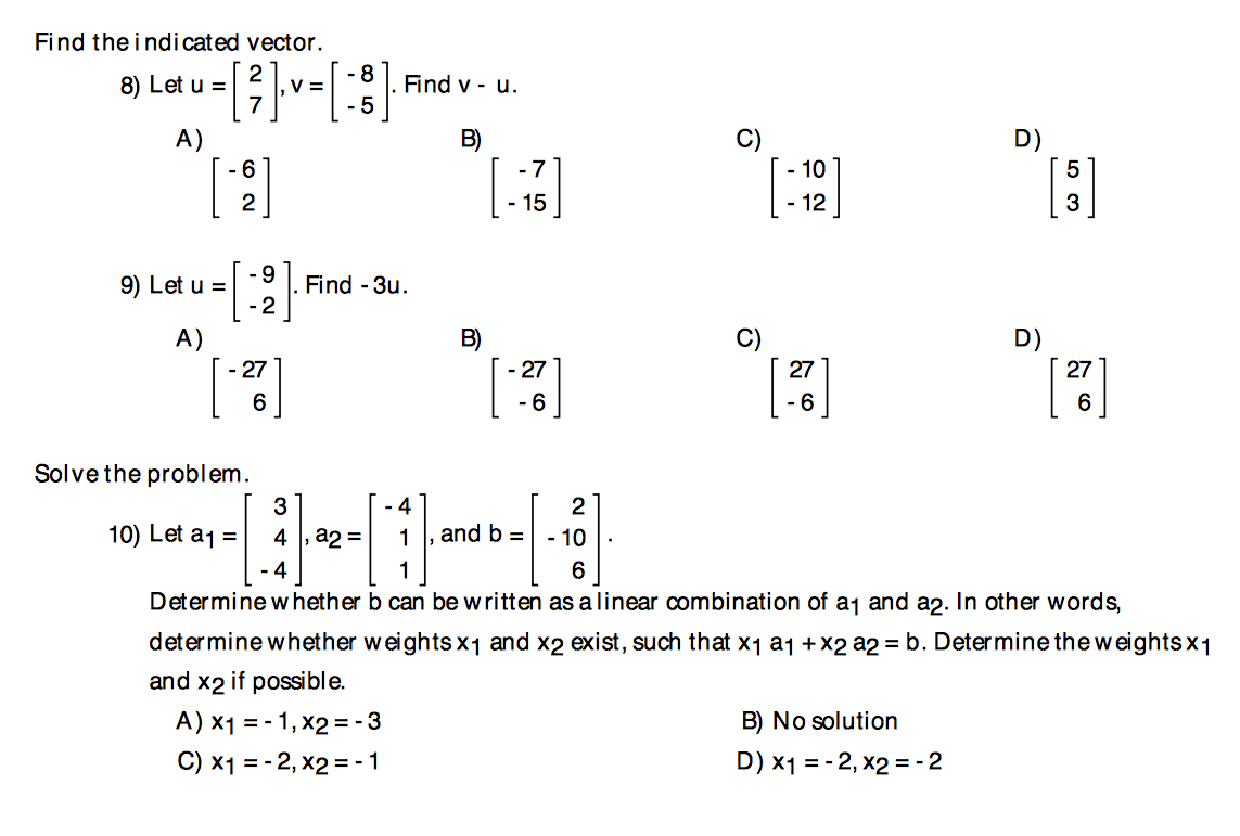 Solved Find the indicated vector. 8) Let u = [ 21,v=1:8). | Chegg.com