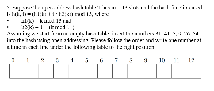 Solved 5. Suppose the open address hash table T has m= 13 | Chegg.com