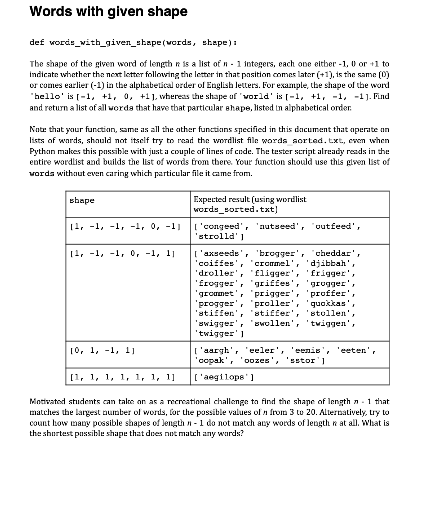 Solved Words with given shape def words_with_given_shape | Chegg.com