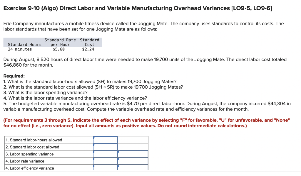 Solved Exercise 9-10 (Algo) Direct Labor and Variable | Chegg.com