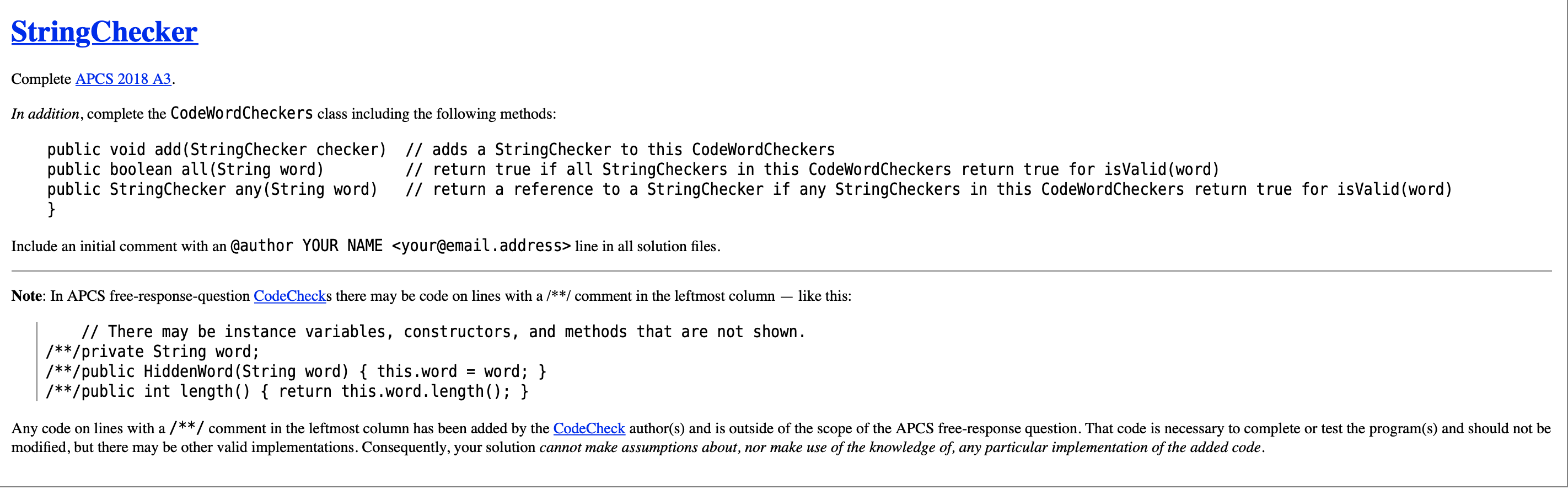 Solved String Checker Complete APCS 2018 A3. In addition, | Chegg.com