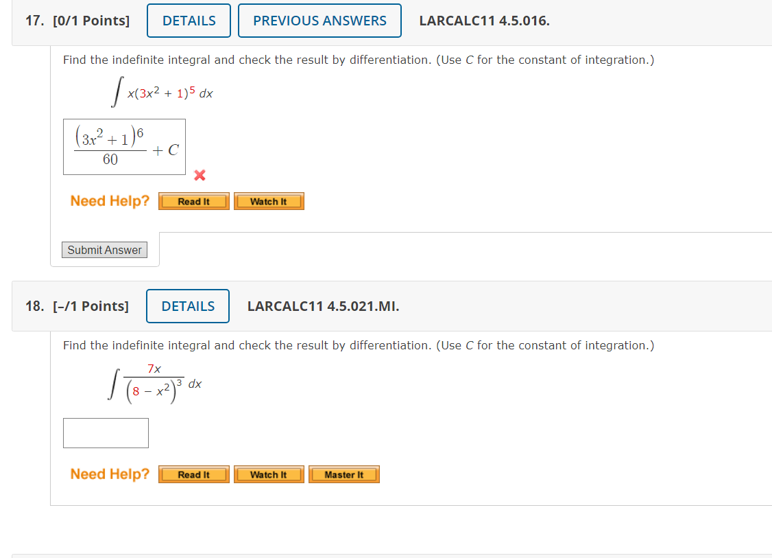 Solved ∫x(3x2+1)5dx 60(3x2+1)6+C 2 -/1 Points] LARCALC11 | Chegg.com