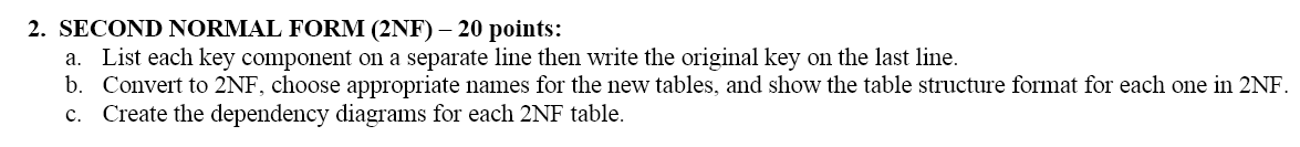 Solved 2. SECOND NORMAL FORM (2NF) - 20 points: a. List each | Chegg.com