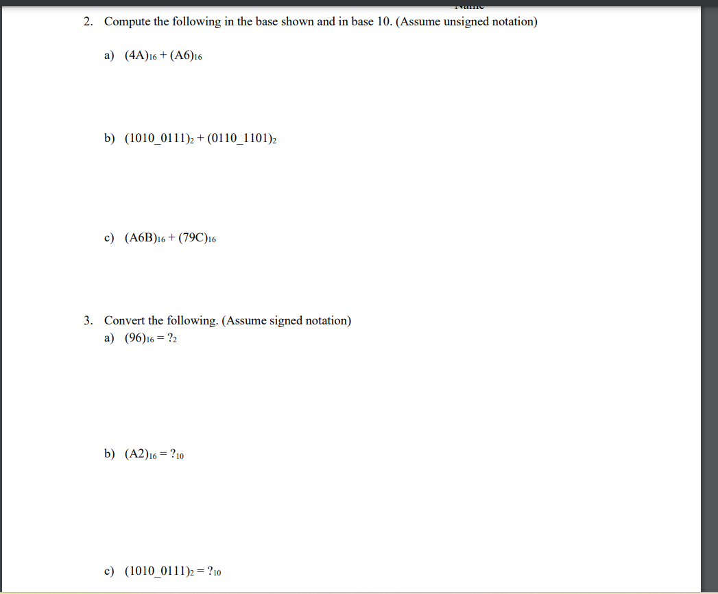 Solved 2. Compute the following in the base shown and in | Chegg.com