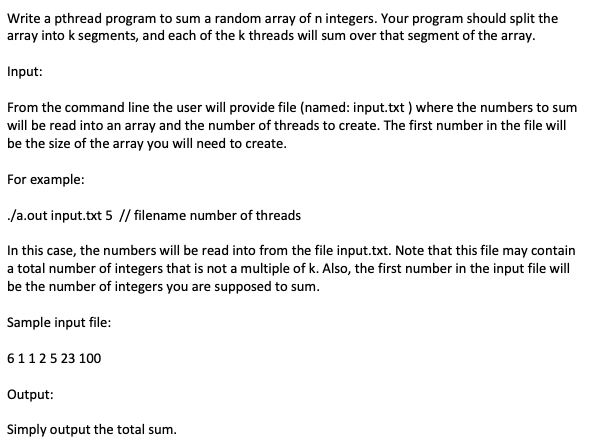 Solved Write a pthread program to sum a random array of n | Chegg.com