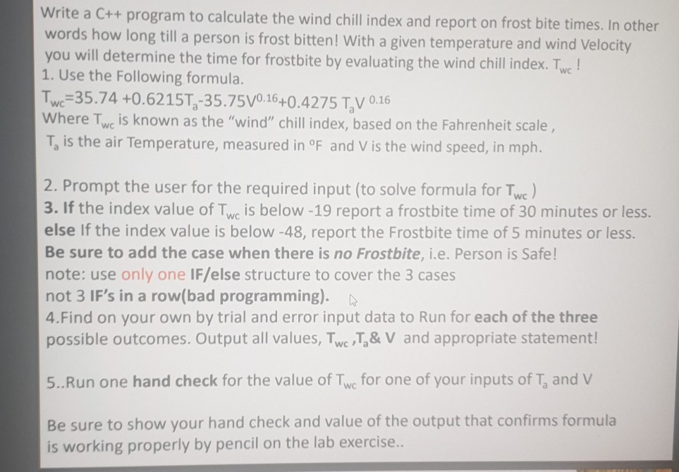Solved Write a C++ program to calculate the wind chill index | Chegg.com