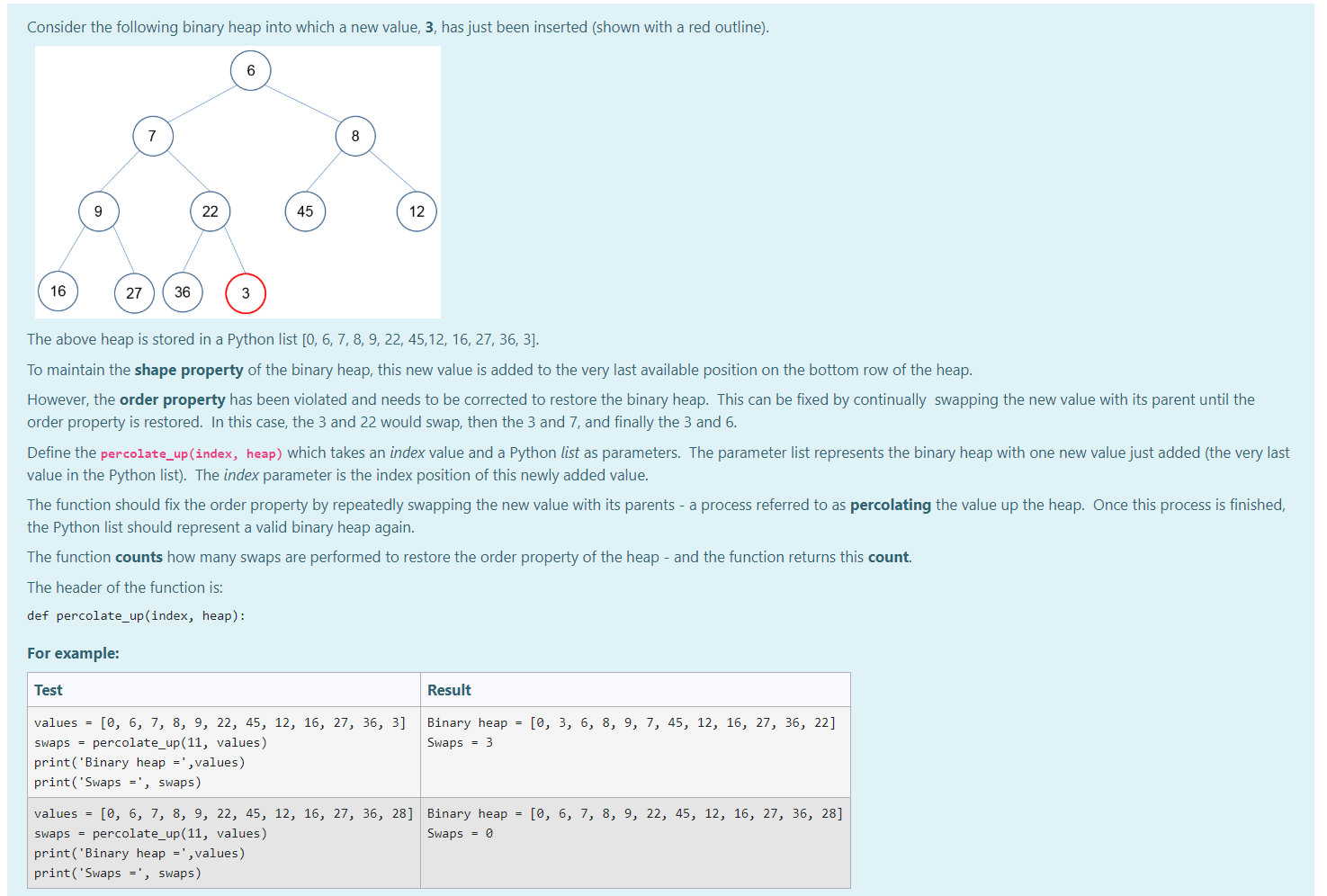 Solved Define the percolate_up(index, heap) which takes an | Chegg.com