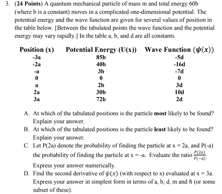 Solved 3. (24 Points) A quantum mechanical particle of mass | Chegg.com