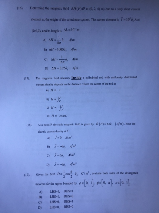 Solved Determine the magnetic field Delta H(P) (P at (0, 2, | Chegg.com