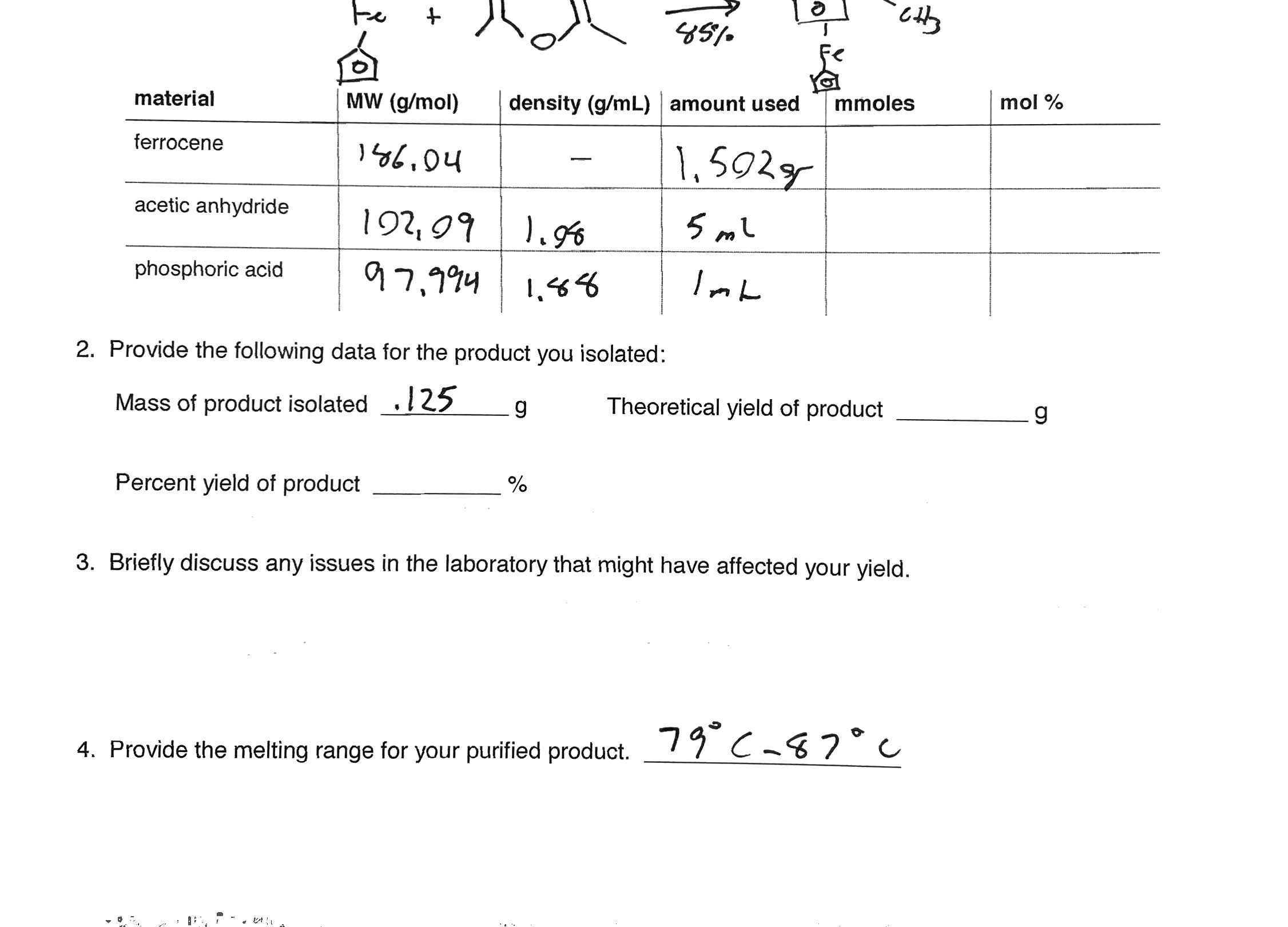 Solved te + CH3 ชร์/ fe material MW (g/mol) density (g/mL) | Chegg.com