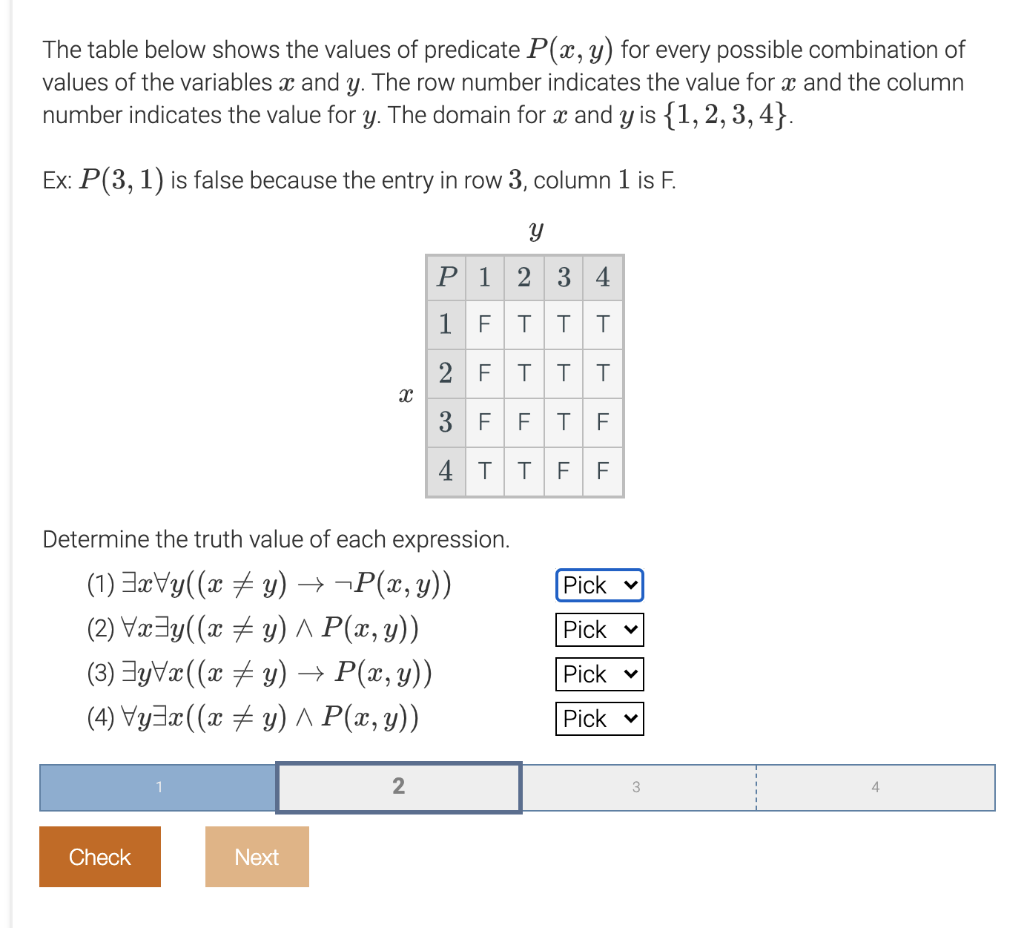 Solved The table below shows the values of predicate P(x, y) | Chegg.com
