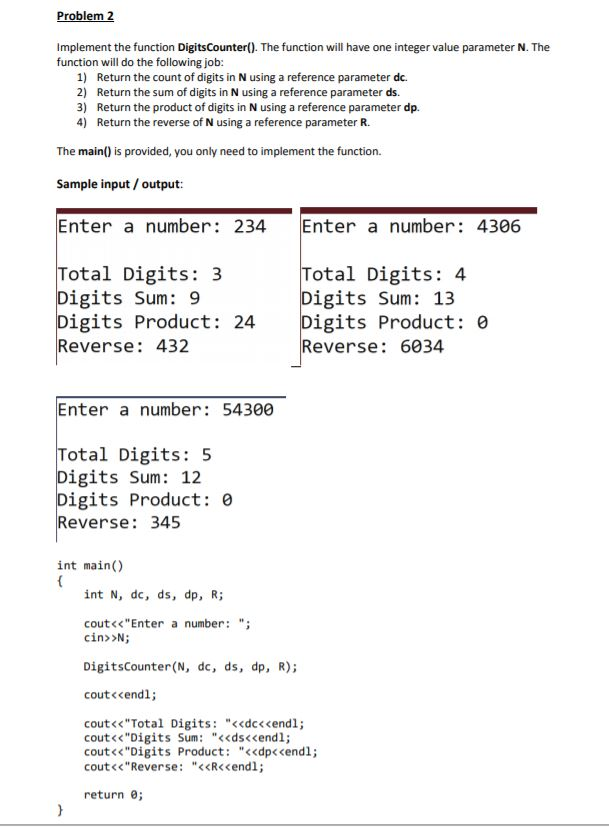Solved Problem 2 Implement The Function Digitscounter The 0759