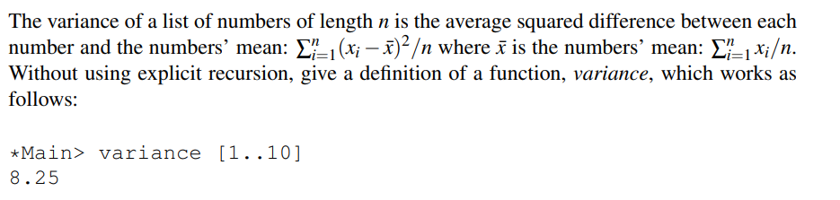 Solved Please help create function in haskell variance :: | Chegg.com