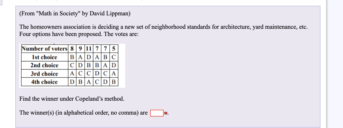 Solved (From "Math in Society" by David Lippman) The | Chegg.com