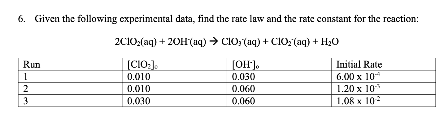 Solved 6. Given the following experimental data, find the | Chegg.com