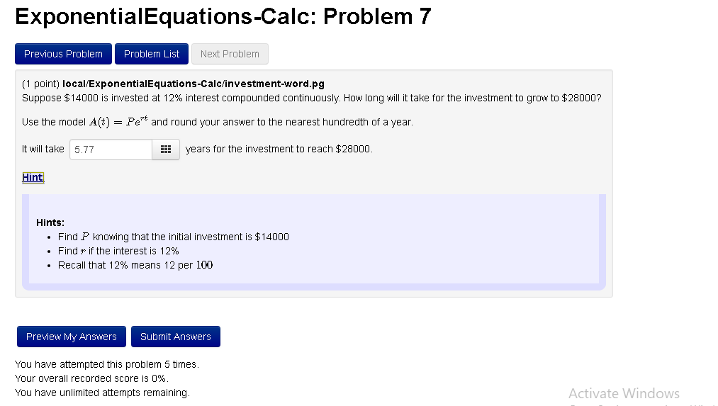 Solved ExponentialEquations-Calc: Problem 7 Previous Problem | Chegg.com Solved ExponentialEquations-Calc: Problem 7 Previous Problem | Chegg.com