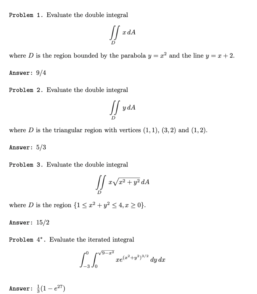 Solved Problem 1. Evaluate the double integral Jud D where D | Chegg.com
