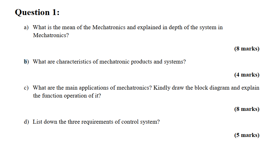 Solved Question 1: a) What is the mean of the Mechatronics | Chegg.com