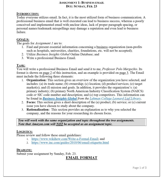 ASSIGNMENT 1: BUSINESS EMAIL DUE: SUNDAY, FEB. 23 | Chegg.com