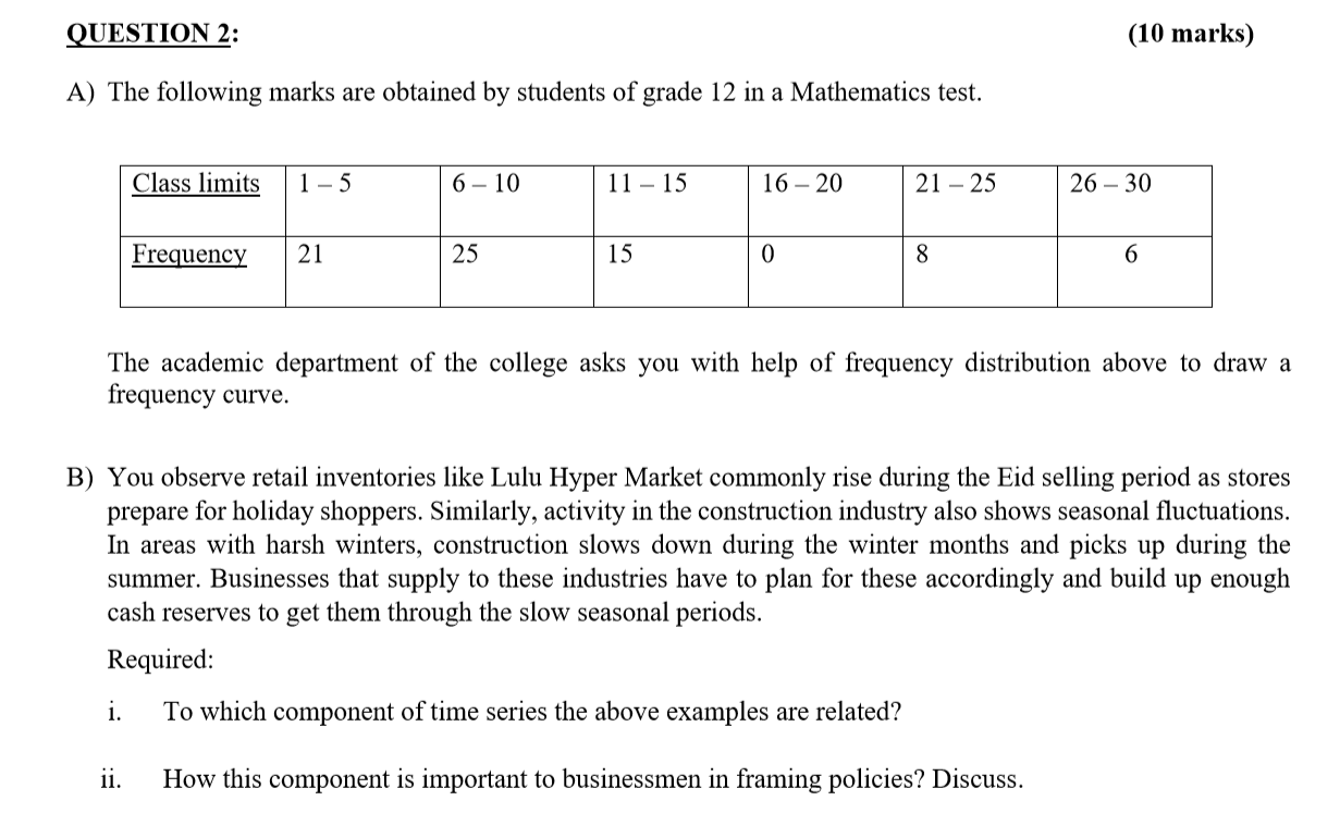 Solved QUESTION 2: (10 marks) A) The following marks are | Chegg.com