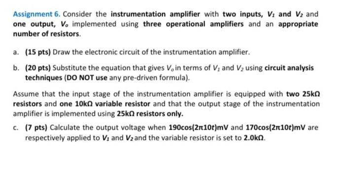 Solved Assignment 6. Consider the instrumentation amplifier | Chegg.com