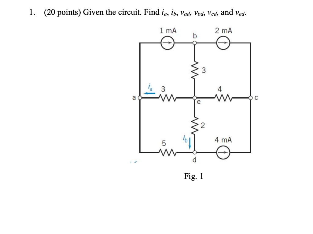 Solved 1. (20 points) Given the circuit. Find ia, ib, Vad, | Chegg.com