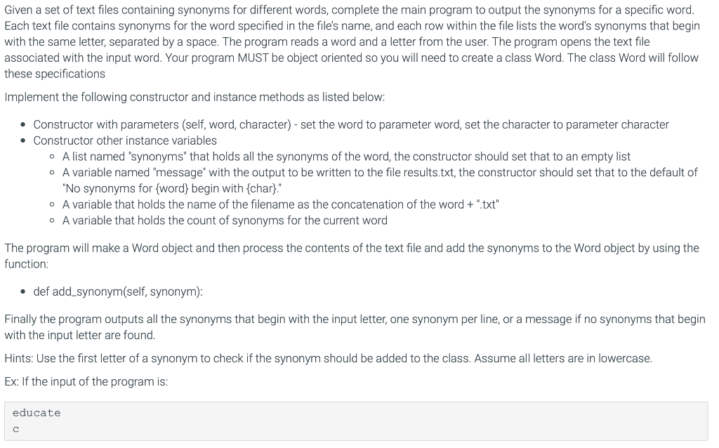 Solved Given a set of text files containing synonyms for | Chegg.com