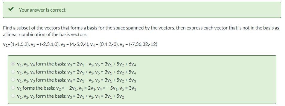 Solved Your answer is correct. Find a subset of the vectors | Chegg.com