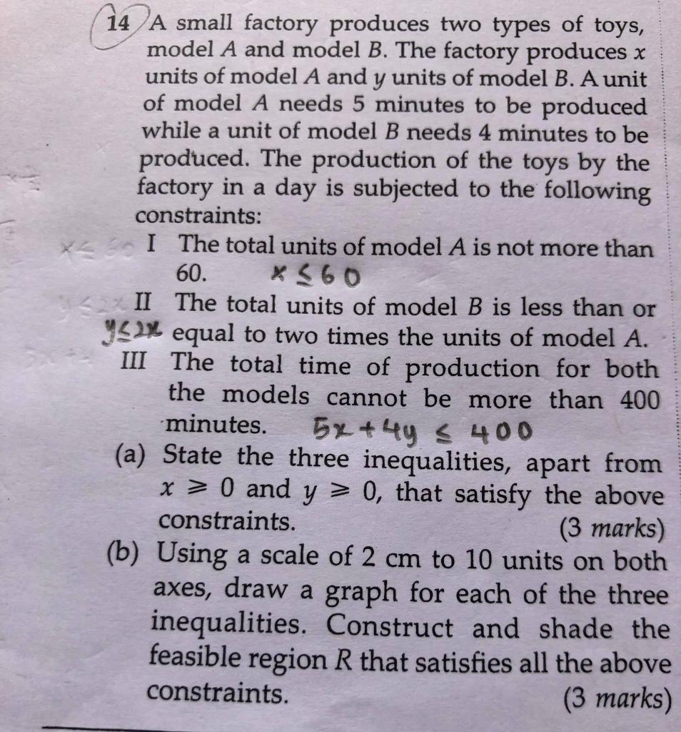 Solved 14 A small factory produces two types of toys, model | Chegg.com