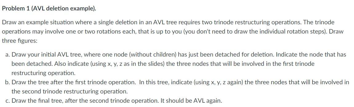 Solved Problem 1 (AVL deletion example). Draw an example | Chegg.com Solved Problem 1 (AVL deletion example). Draw an example | Chegg.com