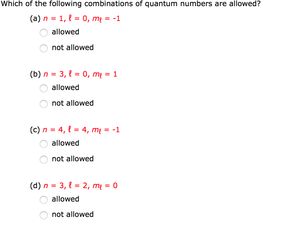 Solved Which of the following combinations of quantum | Chegg.com