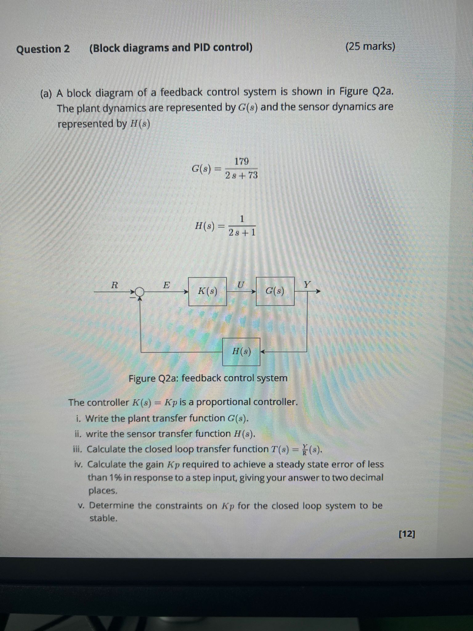 Solved (a) A block diagram of a feedback control system is | Chegg.com