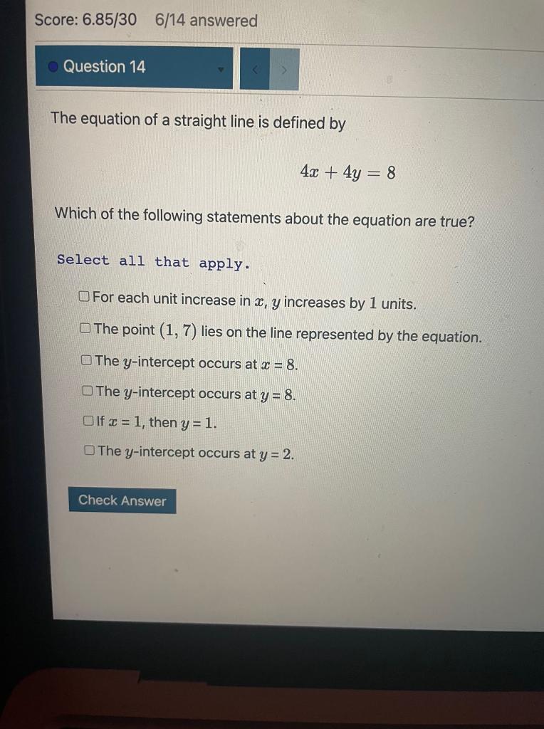 Solved The equation of a straight line is defined by 4x+4y=8 | Chegg.com