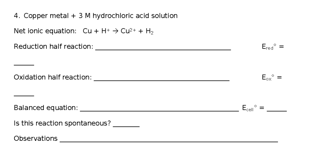 Solved 4. Copper metal +3M hydrochloric acid solution Net | Chegg.com