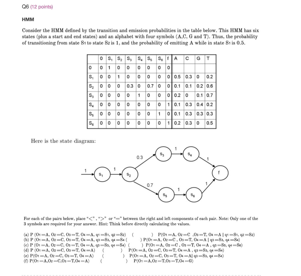 Q6 (12 points) HMM Consider the HMM defined by the | Chegg.com