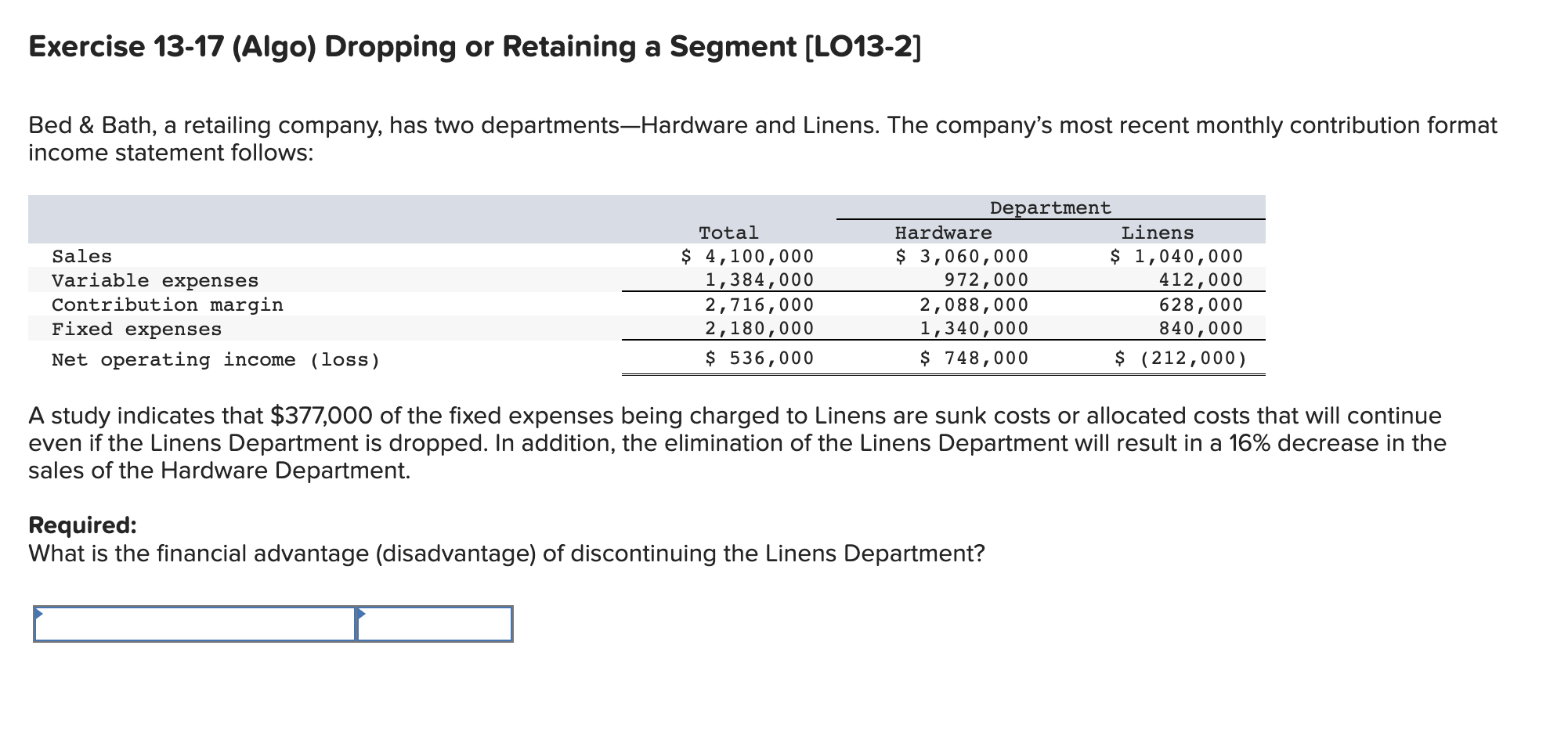 Solved Exercise 13-17 (Algo) Dropping or Retaining a Segment | Chegg.com