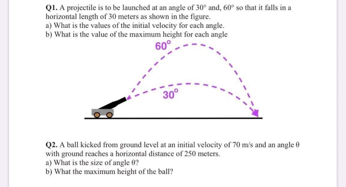 Solved Q1. A projectile is to be launched at an angle of 30° | Chegg.com