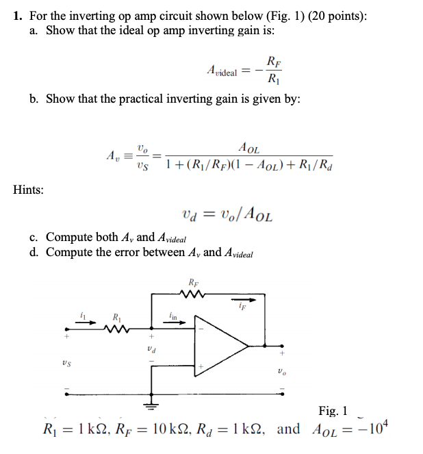Solved 1. For the inverting op amp circuit shown below (Fig. | Chegg.com