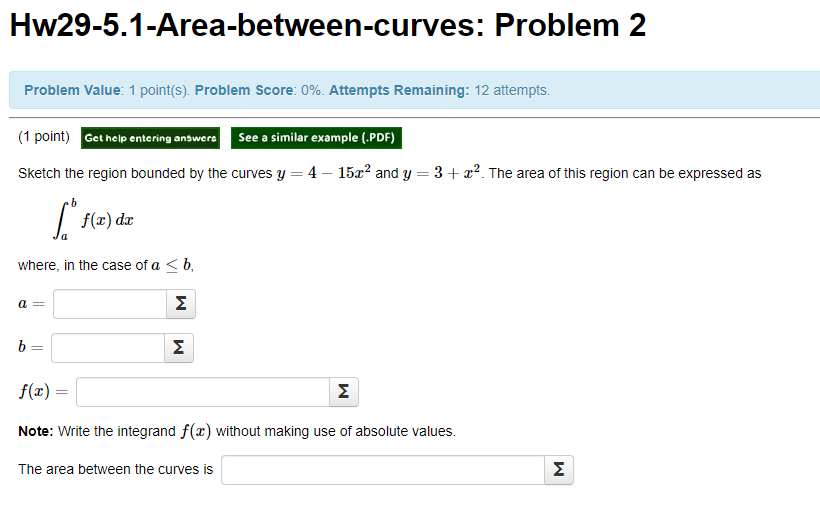 Solved Hw29-5.1-Area-between-curves: Problem 2 Problem | Chegg.com