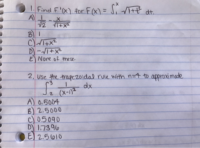 Solved Find F'(x) for F(x) = integral_1^x Squareroot 1 + t^2 | Chegg.com