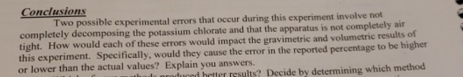 Solved Conclusions Two possible experimental errors that | Chegg.com