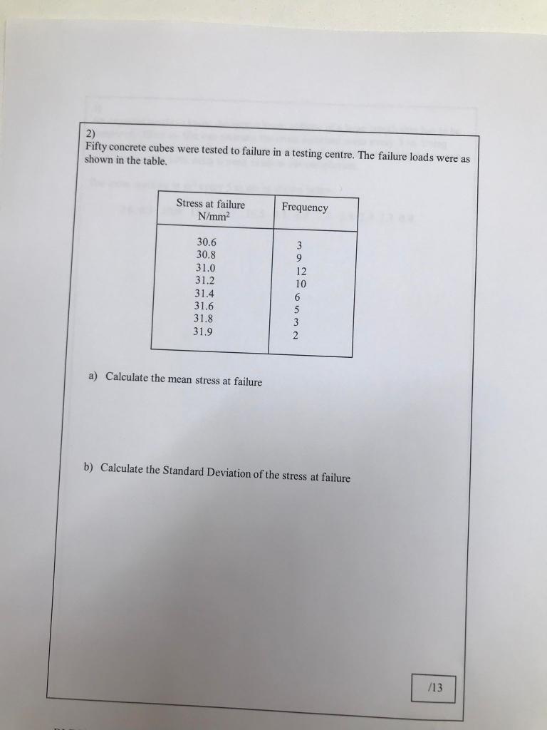 Solved 2) Fifty concrete cubes were tested to failure in a | Chegg.com