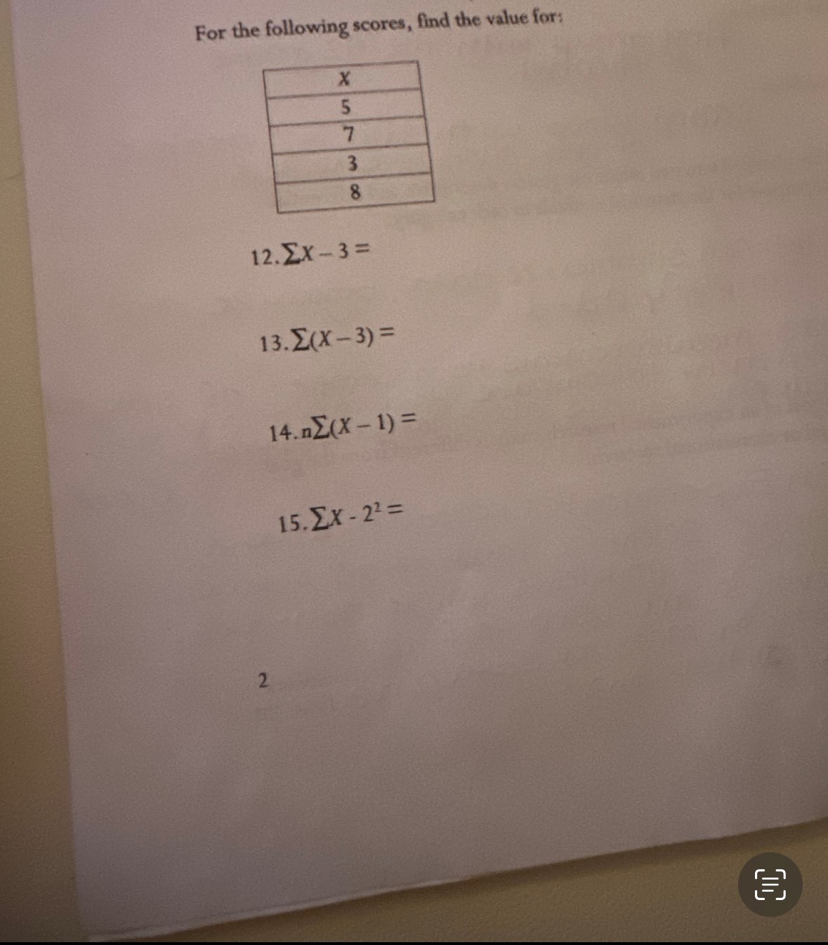Solved For the following scores, find the value for: 12. | Chegg.com