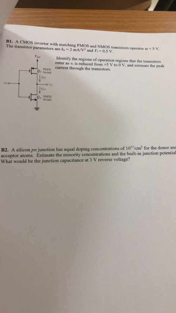 Solved B1. A CMOS inverter with matching PMOS and NMOS | Chegg.com