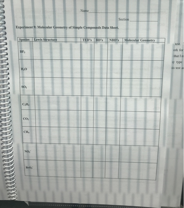 Name Section Experiment 9: Molecular Geometry of | Chegg.com
