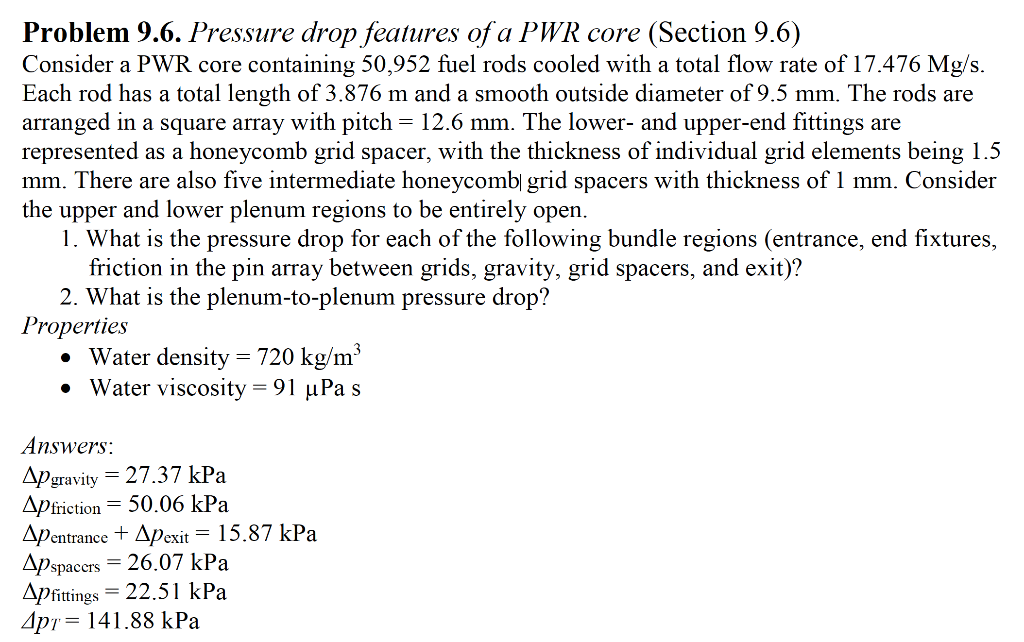 Solved Problem 9.6. Pressure drop features of a PWR core | Chegg.com